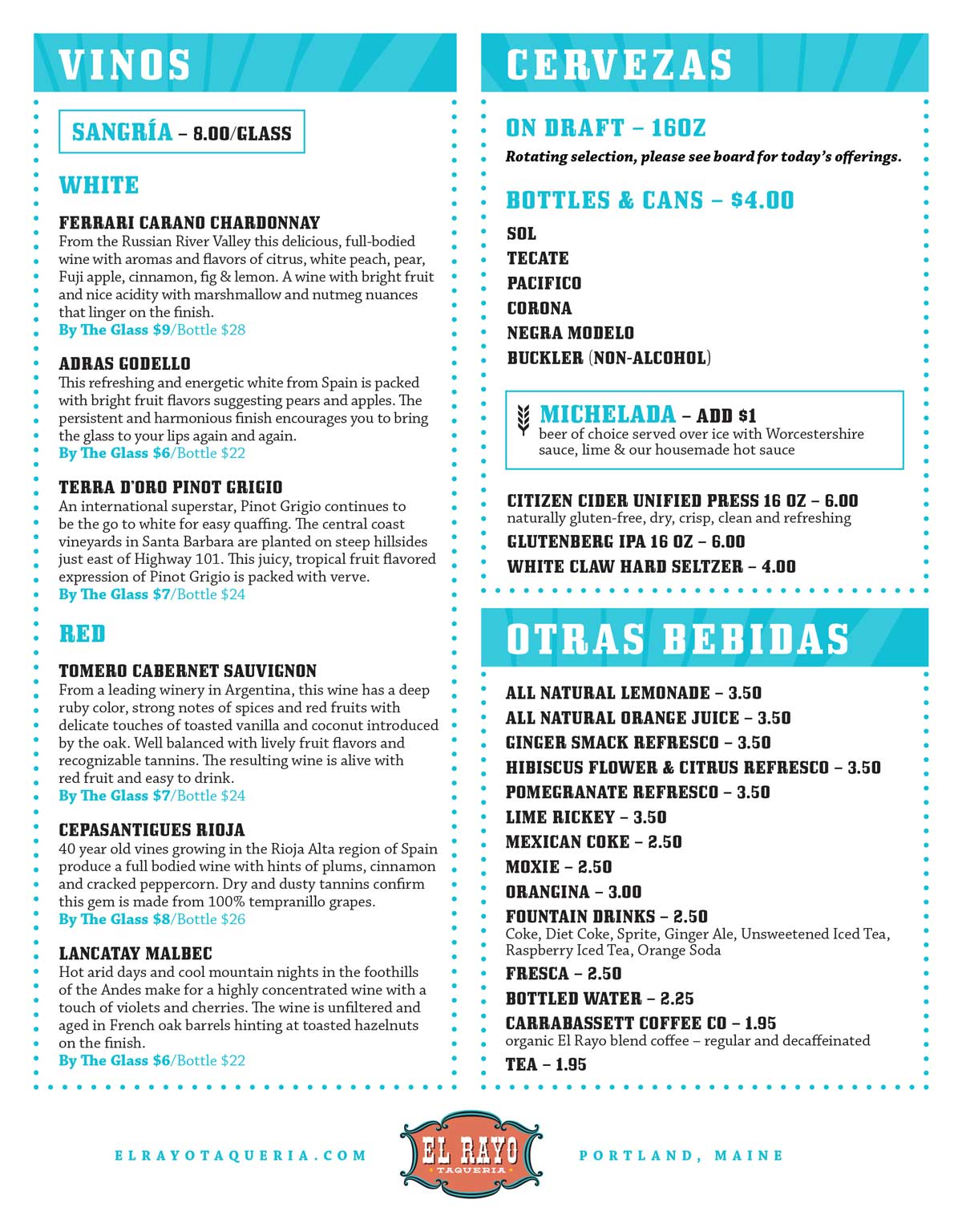 Portland Bar Menu - El Rayo Taqueria